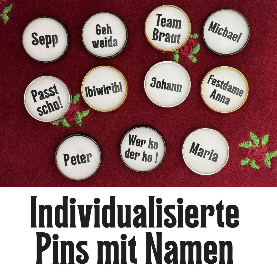 Personalisierte Glas-Pins – mit eurem Namen – SEIDENPLANTAGE